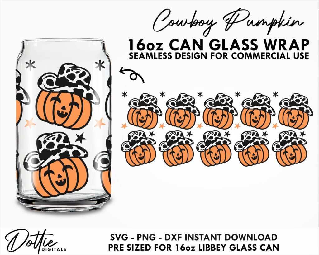 Dottie Digitals - Cowboy Hat Pumpkin Halloween 16oz Glass Can Cut File ...