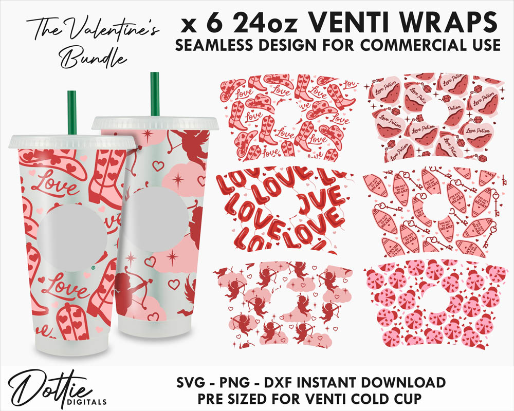 Dottie Digitals - 6 File SVG Bundle Valentine's Day 24oz Starbucks Cold ...